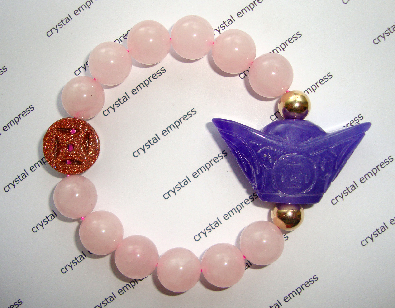 Purple Jade Ingot & I-Ching Coin with 12mm Raw Rose Quartz Bracelet ...