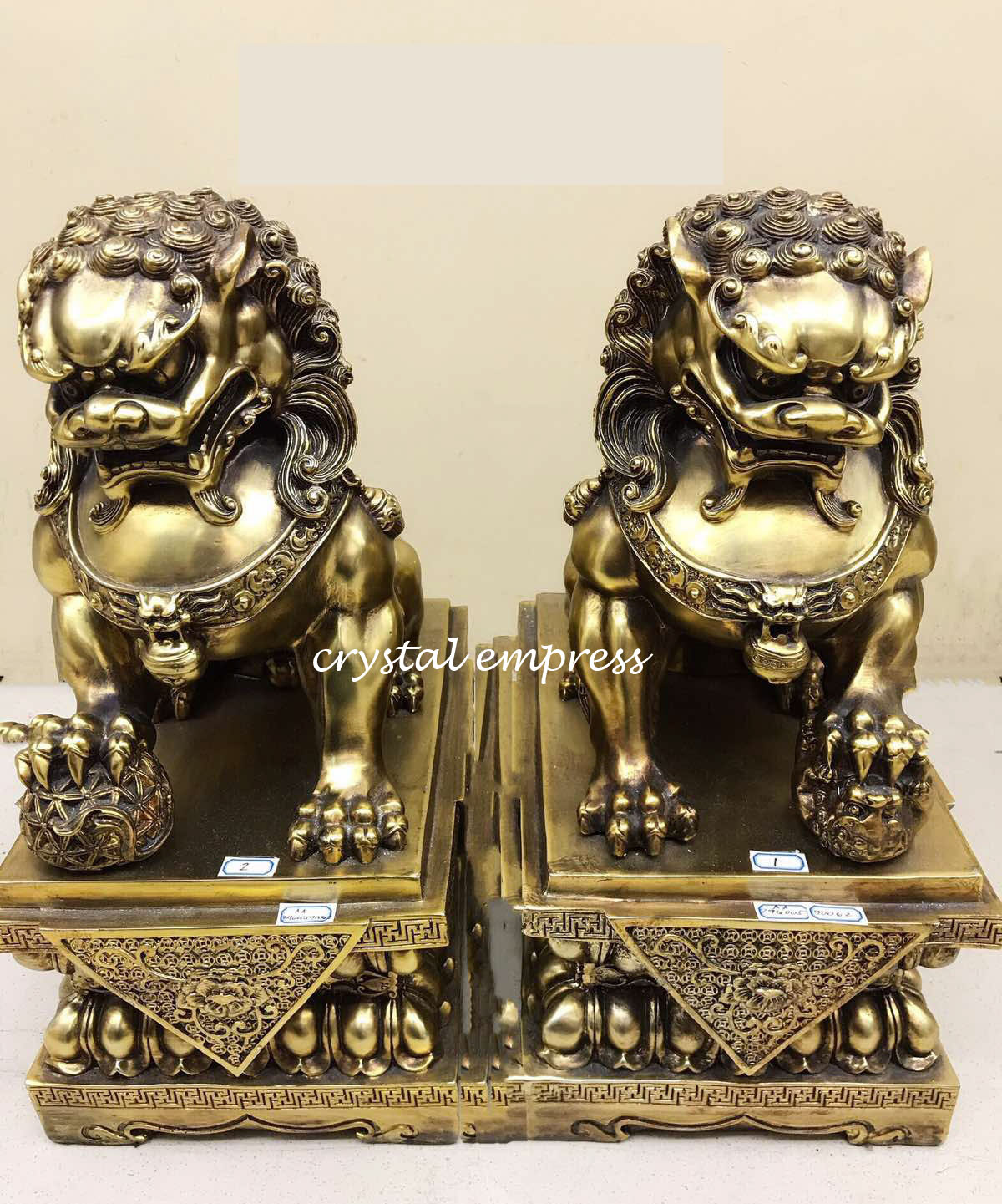 16.5″ Pair of Faux Brass Fu Dogs - Crystal Empress Feng Shui Store