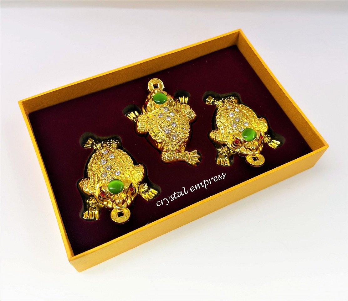 7cm Set of 3 Bejeweled Gold Money Frog - Crystal Empress Feng Shui Store
