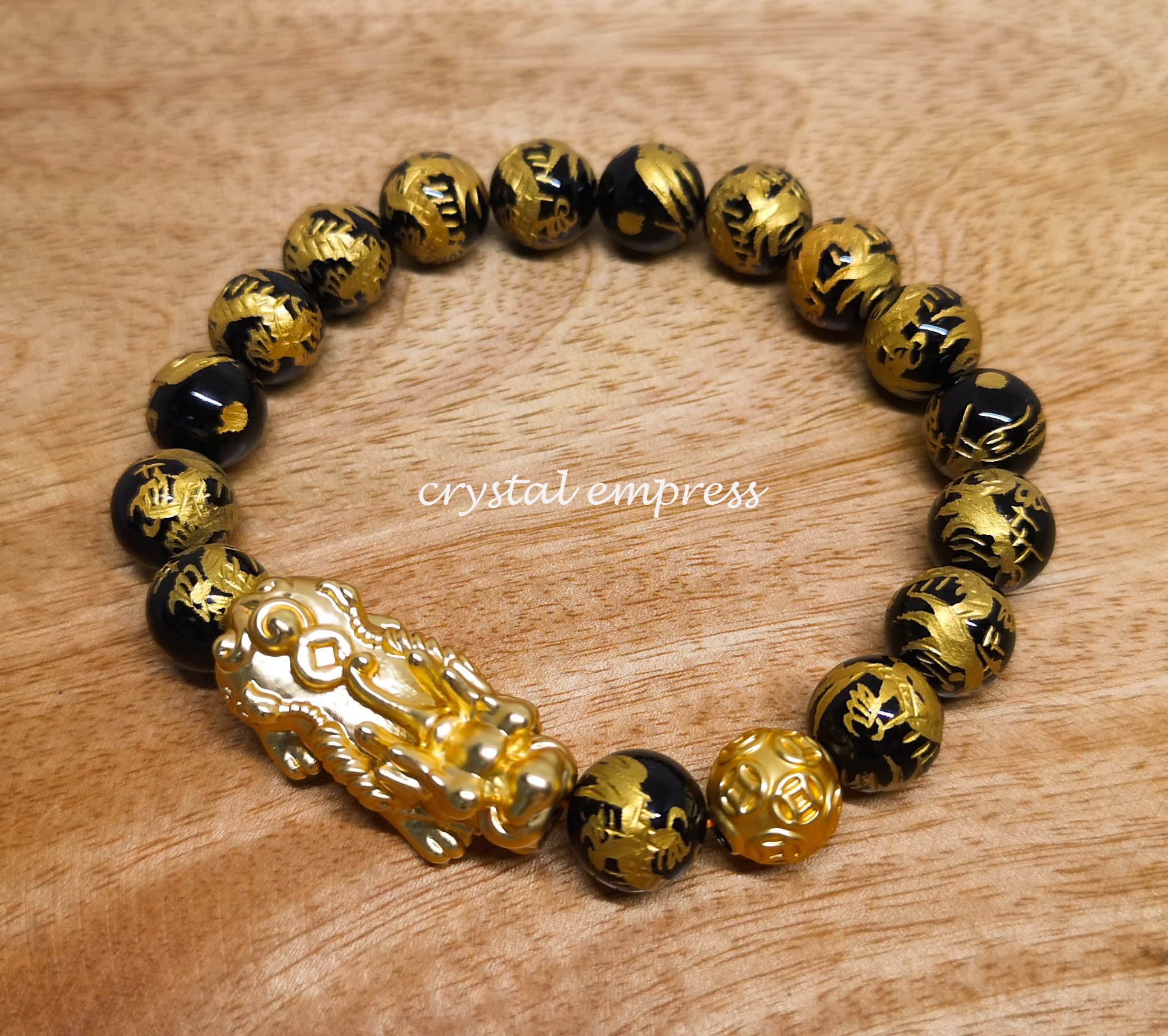 High Grade Black Onyx Dragon with Gold Pi Yao & Lucky Coin Ball ...