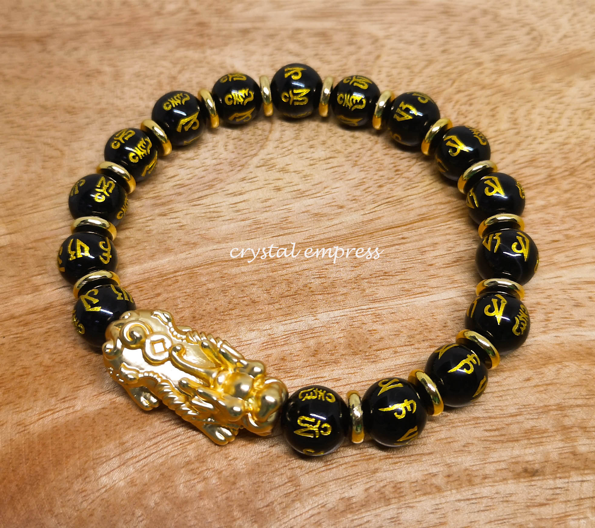 Black Onyx Mantra with Gold Pi Yao Infinity Bracelet - Crystal Empress ...