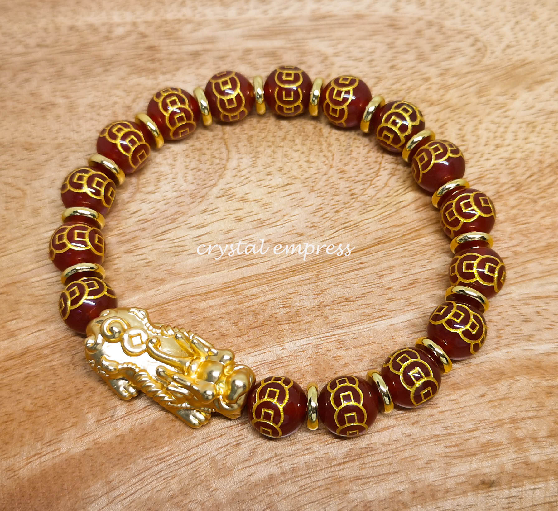 Red Agate I-Ching Coins with Gold Pi Yao Infinity Bracelet - Crystal ...
