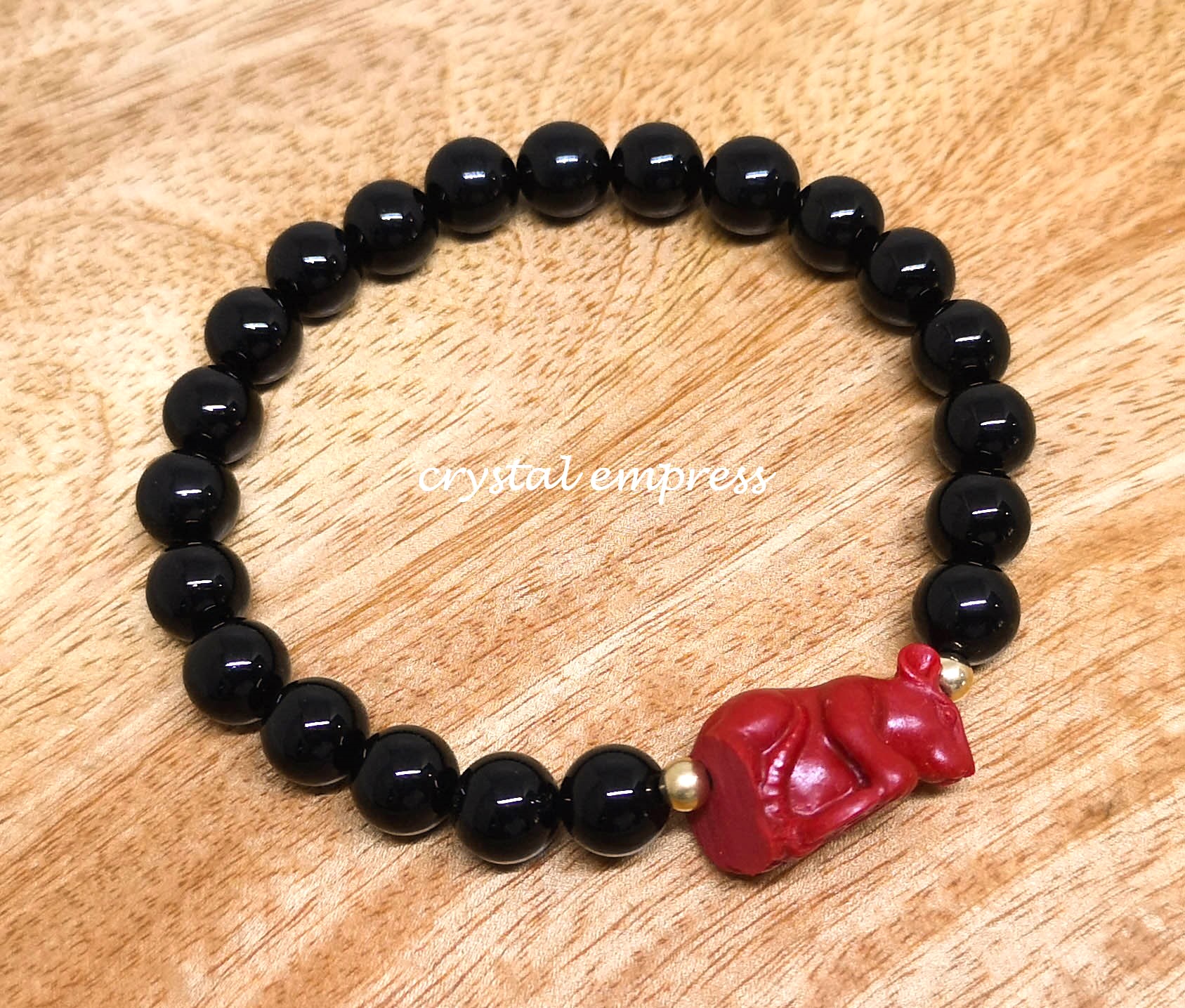 Black Onyx with Red Cinnabar Rat Zodiac Bracelet - Crystal Empress Feng ...